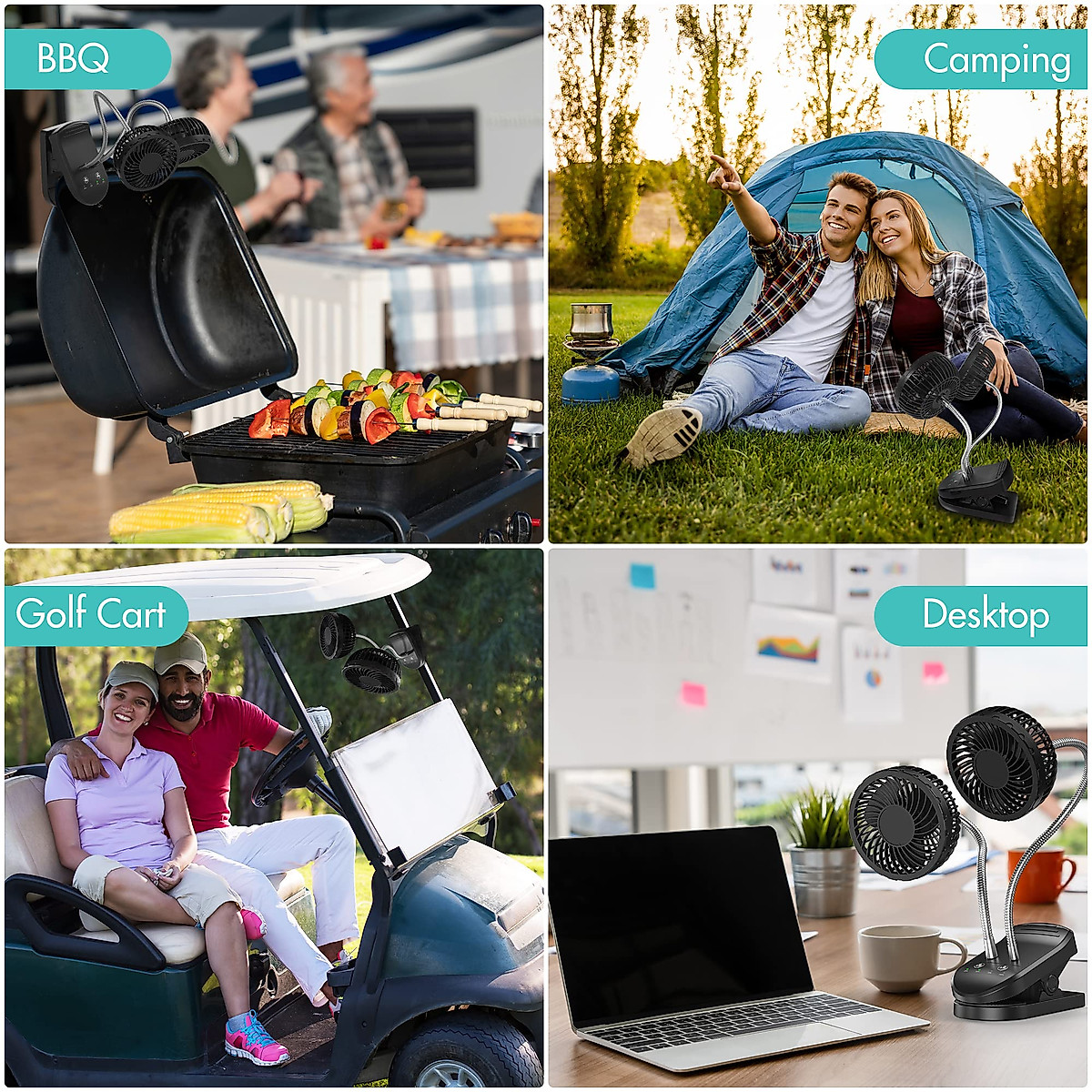 ASKPULION Portable Clip on Fan, Dual Heads Battery Operated Fan, 4000mAh Rechargeable Desk Fan with Flexible Gooseneck for Travel Camping RV Home Office