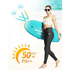 FitsT4 Sports Women's Swimming Leggings UPF 50+ High Waisted with Pockets Swim Pants Full Length Swimming Tights Sun Protective Black M