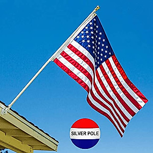 Flag Pole Kit 6 Ft Flagpole with Embroidered American Flag by Grace Alley - Embroidered Stars and Stitched Stripes, Brushed Silver Aluminum Rust Free & Tangle Free Wind Resistant Pole and Multi-Position White Bracket for Residential or Commercial Use