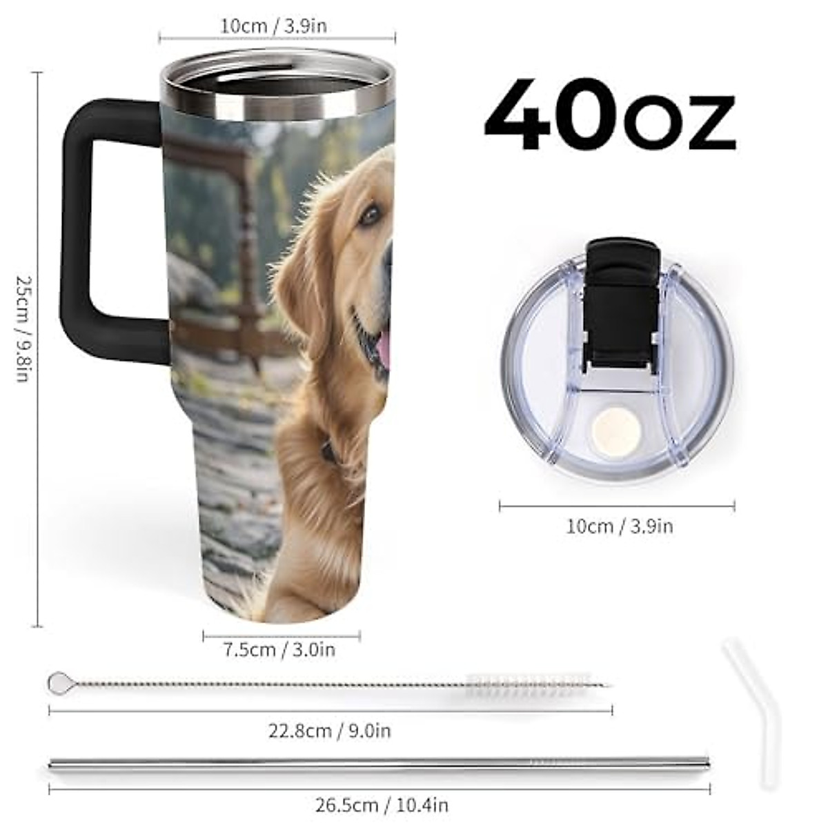 LLUTSNTH 40 Oz Vacuum Tumbler with Black Handle Leakproof Insulated Tumbler Golden Retriever Dog Stainless Steel Travel Mug with Lid And Straw Coffee Cup Cute Water Bottles Cup Holder Friendly