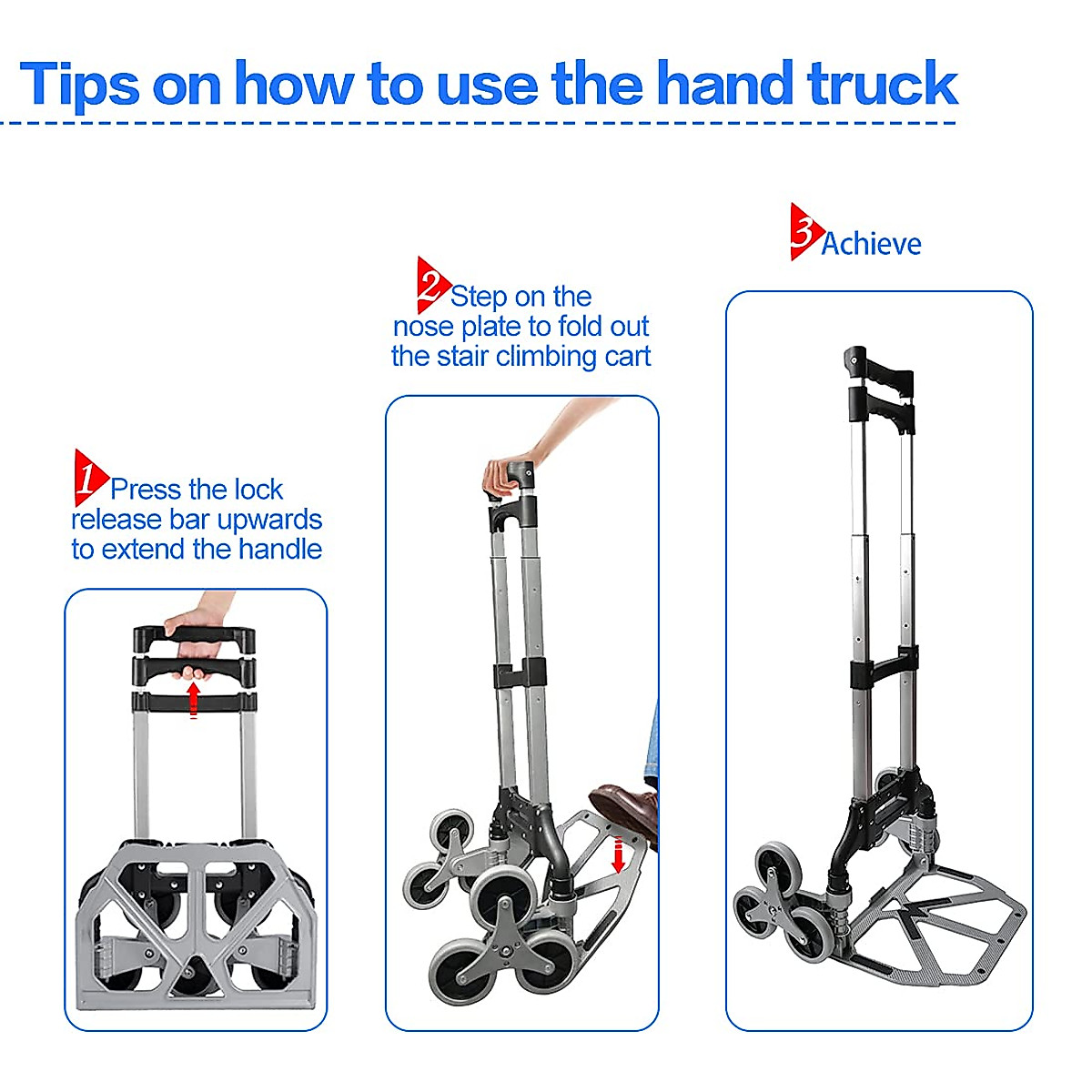 Double Rhombus Stair Climbing Cart Portable Folding Hand Truck, 330 LBS Capacity Aluminium Trolley with 3-Level Height Adjustable Telescoping Handle, 6 Rubber Wheels, 2 Bungee Cords, All Terrain