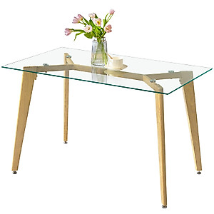 Bacyion Glass Dining Table - 47 Inch Kitchen Table for 2 or 4, Modern Rectangle Dinner Tables with Metal Legs, Wood Skin, Small Dining Room Table for Apartment or Small Spaces,Easy Assembly, Natural