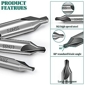 Kicyosl 7 Pcs Upgraded Center Drill Bits Set, High Speed Steel 60-Degree Angle Center Drill Bits Kit Countersink Tools for Lathe Metalworking Size 1.0 1.5 2.0 2.5 3.0 4.0 5.0