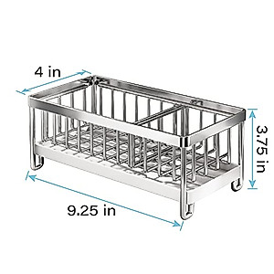 Sponge Holder for Kitchen Sink, Sink Caddy, Rustproof 304 Stainless Steel Dish Sponge Organizer with Divider, Soap Dish Dispenser Brush Holder Storage, Silver