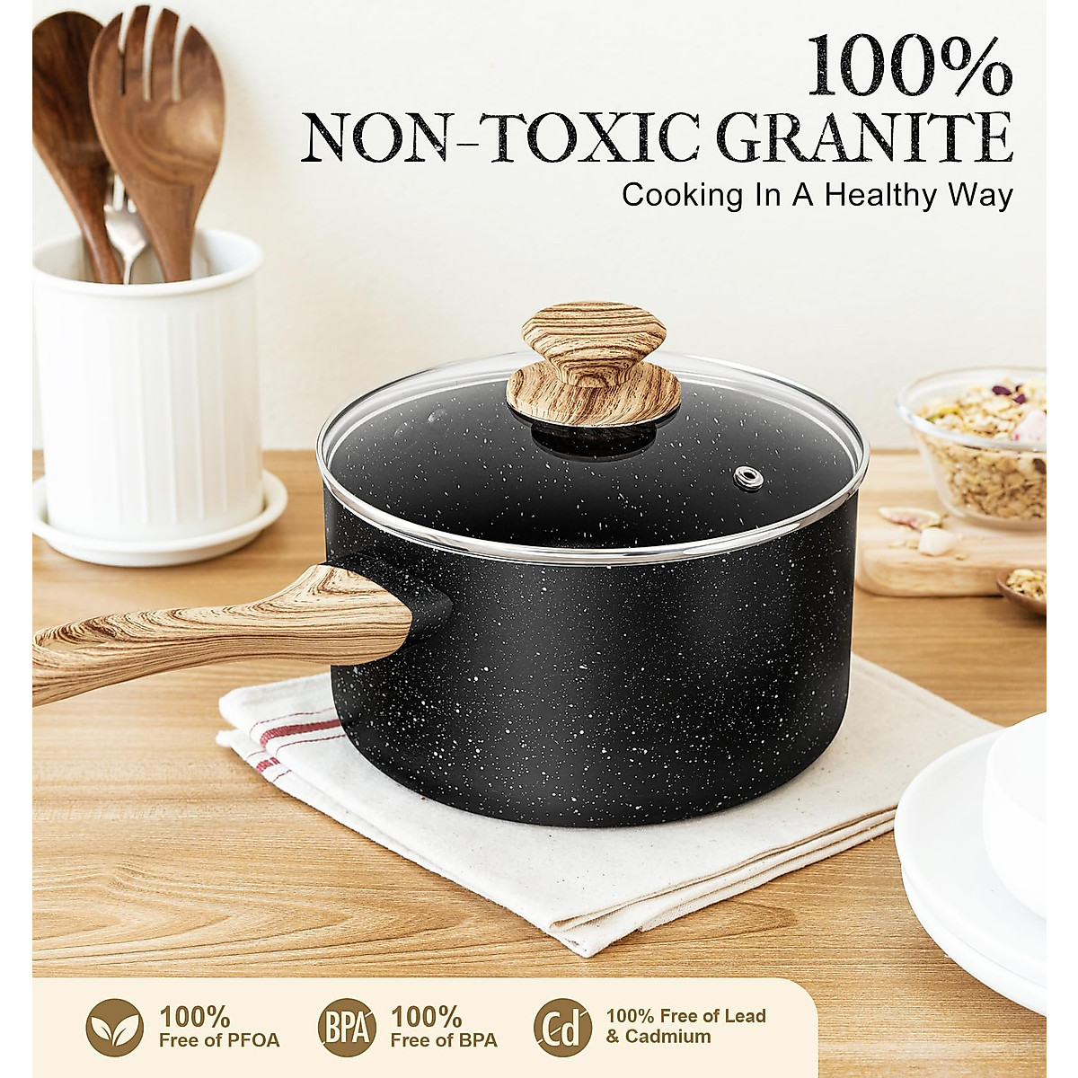 MICHELANGELO 3 Quart Saucepan with Lid, Nonstick Sauce Pan with Lid, Small Pot with Lid, Granite Coating Sauce Pan 3 Quart, Small Sauce Pot, Nonstick Stone Pot with Ergonomic Bakelite Handle