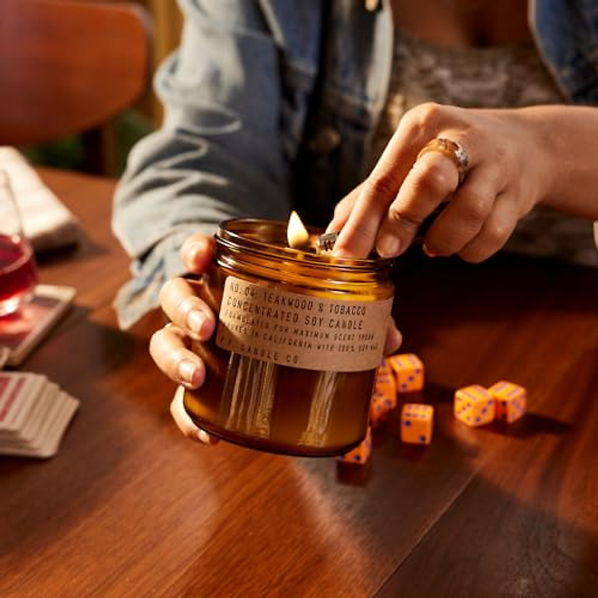 P.F. Candle Co. Teakwood & Tobacco Classic Large Concentrated Scented Soy Wax Candle (12.5 oz) 60-70 Hour Burn Time, Cotton Wick, Amber Glass Jar