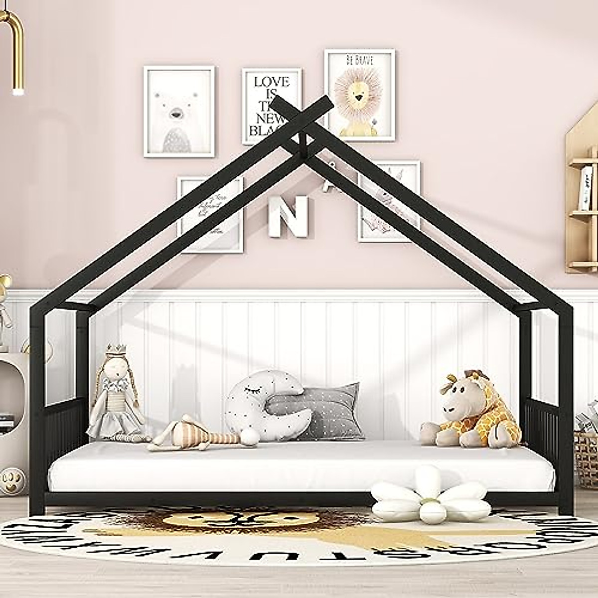 SIYSNKSI Full Size House Bed, Metal Floor Bed Frame with Roof and Sturdy Slat Support, Platform Bed for Kids Teens Girls Boys Bedroom Furniture, No Box Spring Needed (Black + Metal-C36)