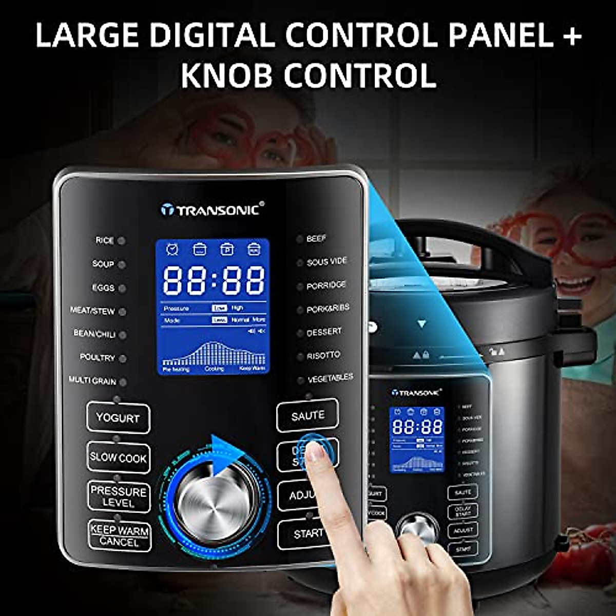 Transonic OPA160 Pressure Cooker Air Fryer Combo, 6 Quart 1500W Multi Cooker Pressure Cooker Air Fryer, All in 1 Pressure Cooker with Air Fryer Lid, Large LED Display, Black Metallic