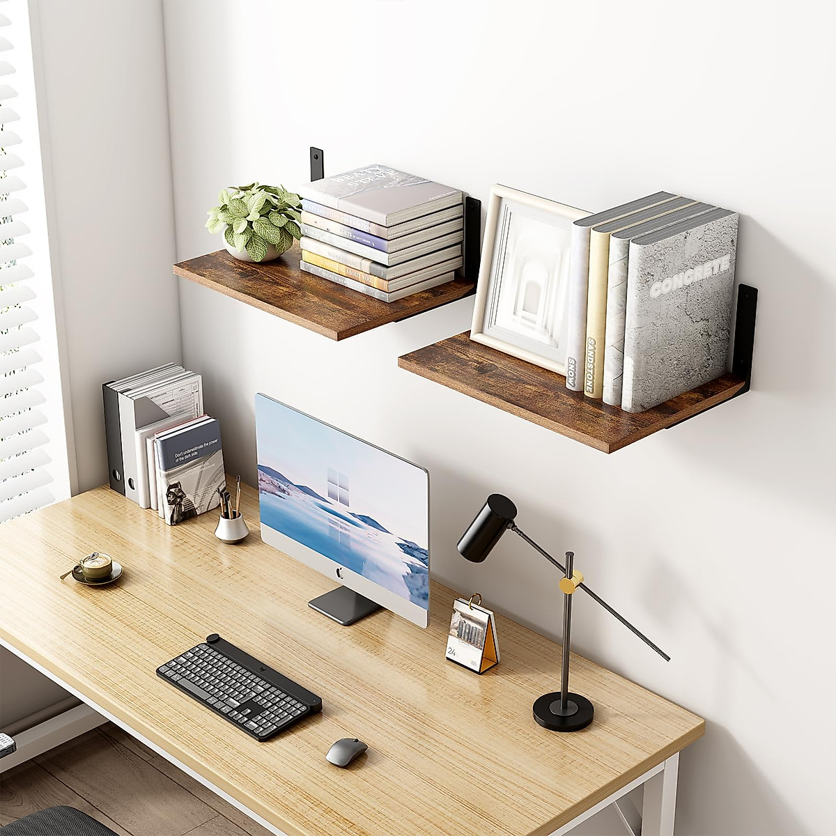 Inforth Floating Shelves for Wall Display, 12” Deep Wall Mounted Shelves for Living Room, Bedroom, Kitchen, Office Decor, Modern Hanging Bookshelf, Storage and Display Shelf Set (Rustic Brown)