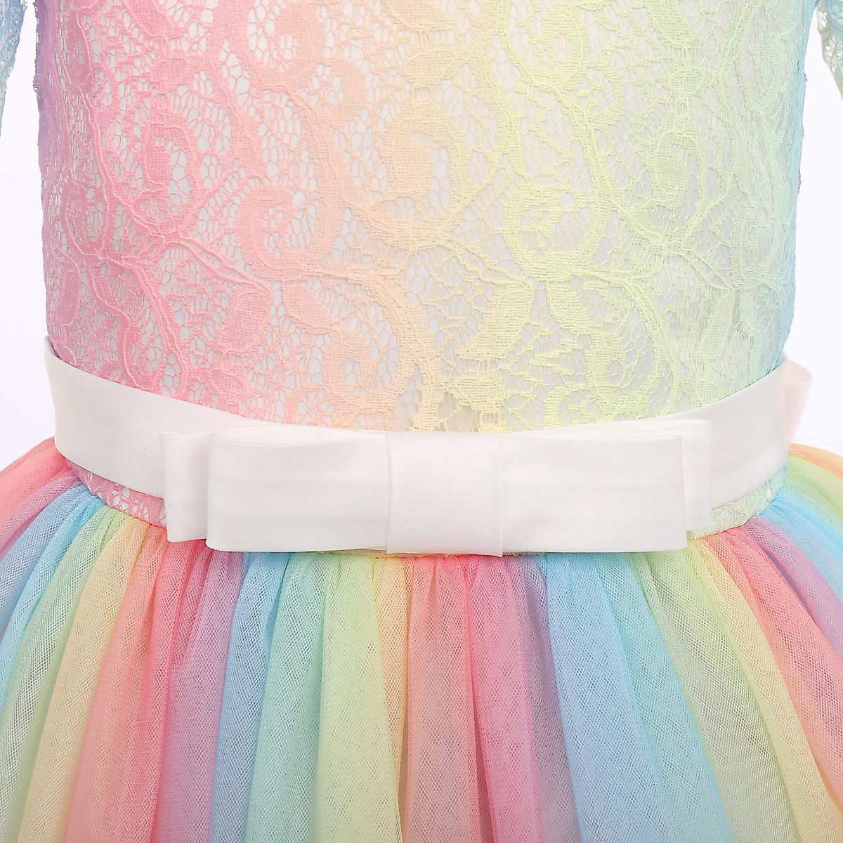 Baby Girls 3/4 Sleeve Floral Lace Tulle First Communion Pageant Holiday Dresses Kids Big Girls Princess Birthday Carnival Christmas Baptism Christening Birthday Prom Ball Gown Rainbow-White 7-8 Years