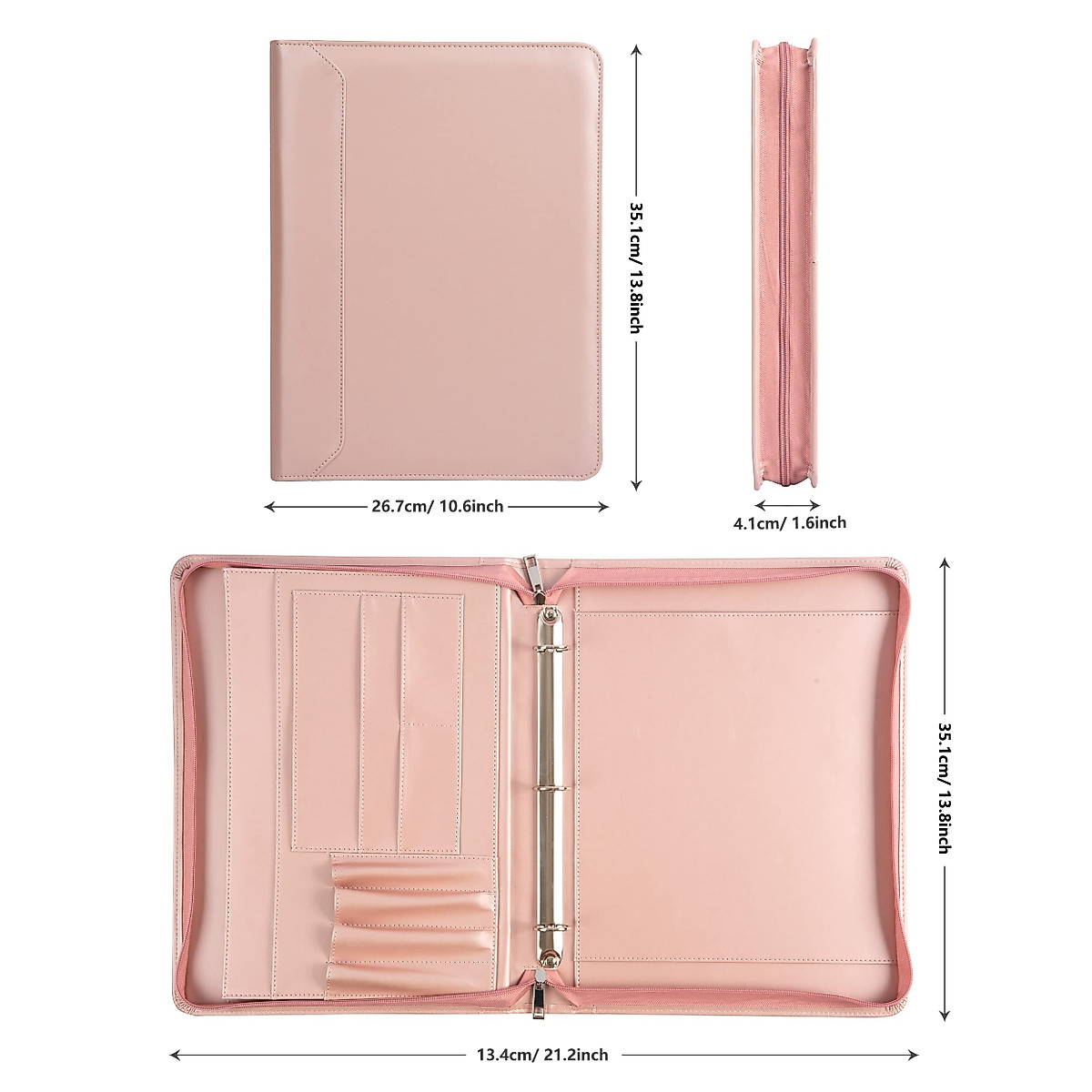 Free Engraved Name, Personalized Portfolio Binder for Women, PU Leather 3 Ring Binder Padfolio Organizer, Business Resume Zippered Portfolio with A4 Writing Pad, Corporate Gift, Customized, Pink