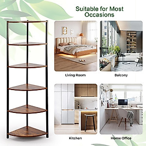 thksbought 6 Tier Corner Shelf,Display Shelf,Ladder Corner Wooden Storage Metal Frame Shelf,Multi-Functional Shelf Unit Wall Corner Shelf for Bedroom,Bathroom and Office Space (1,Dark Brown)