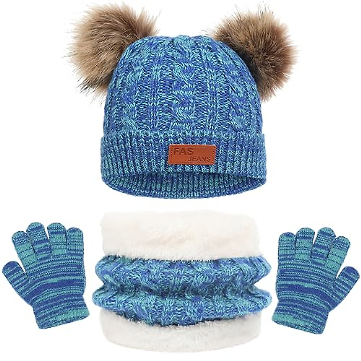 Winter Beanie Hat Scarf Gloves Set for Kids, Winter Warm Set Knitting Cap Neck Warmer Gloves for Girls Boys 2-10 Year (Blue)