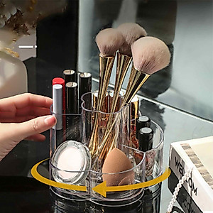 Makeup Brush Holder, Acrylic 6 Slots Skincare Organizers, 360 Degree Rotating Pen Bucket, Decorative Clear Vanity Cosmetics Display Case for Lipstick Beauty Egg Foam Eyebrow Pencil Powder Tube