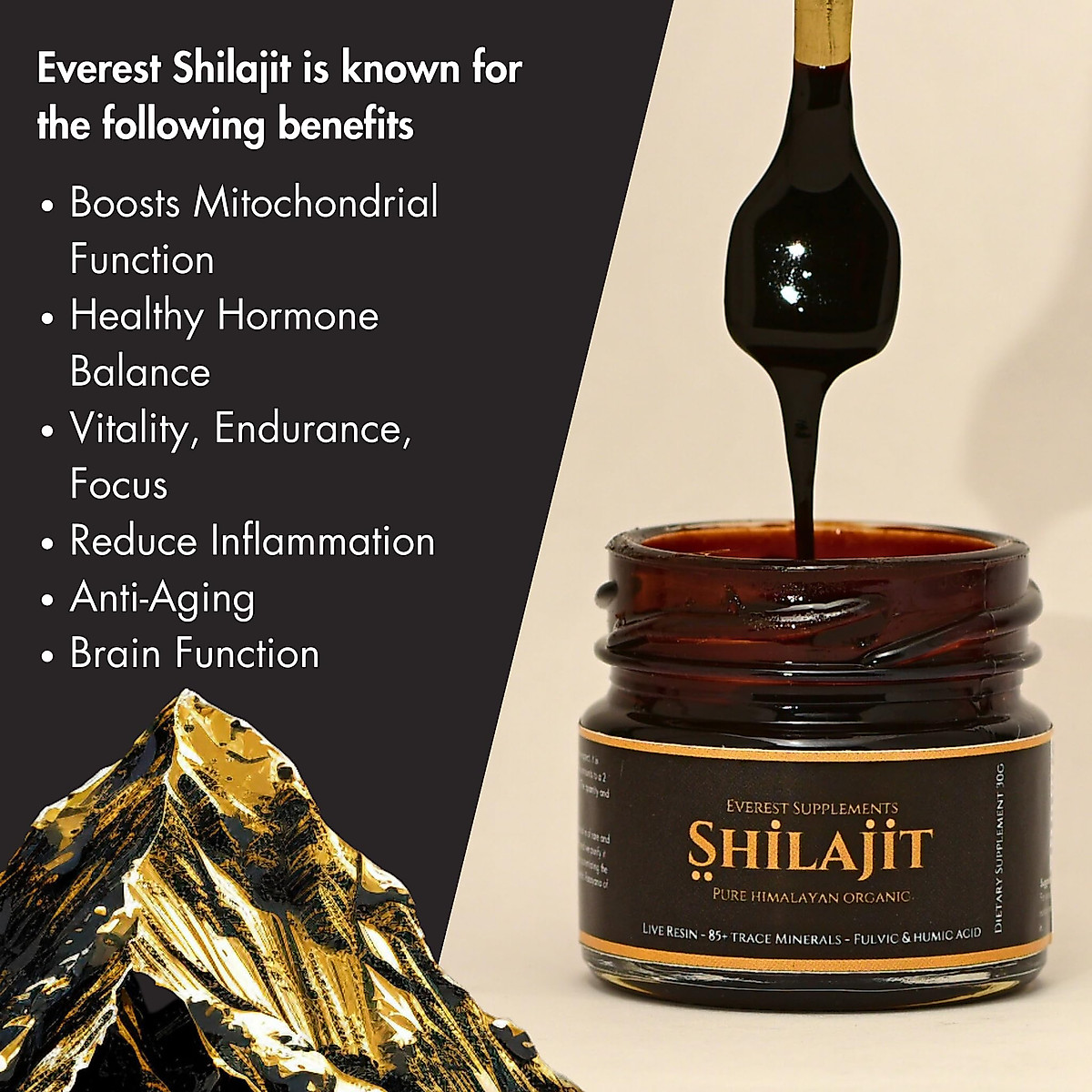 Pure Himalayan Organic Shilajit Resin - Gold Grade 500 mg Maximum Potency Natural Shilajit Resin with 85 Trace Minerals & Fulvic and Humic Acid for Energy Immune Support, 30 Grams