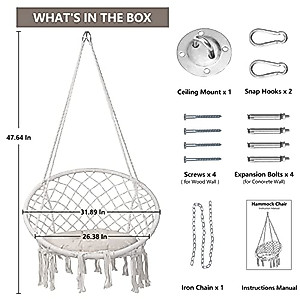 HBlife Hammock Chair, Hanging Swing with Macrame and Cushion, Max 330 Lbs, Beige Hanging Cotton Rope Chair for Indoor, Outdoor, Bedroom, Patio, Yard, Deck, Garden and Porch