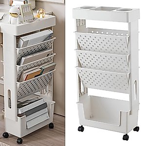 HEEPDD Movable Bookshelf Cart, 5-Tier Plastic Rolling Utility Cart Multifunctional Storage Trolley for Office Living Room Home Kitchen School (White)