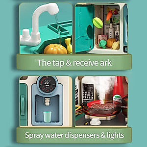 Deejoy 89 PCS Kitchen Playset, Kids Kitchen Toys with Realistic Lights and Sounds, Pretend Steam and Water Tank Functions, Kitchen Color Changing Play Food Accessories for Boys and Girls (Green)
