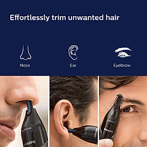 Philips Nose Trimmer Nt3650/16, Nose, Ear & Eyebrow Trimmer with Protective Guard System, Fully Washable, Including AA Battery, 2 Eyebrow Combs, Pouch (Gray)