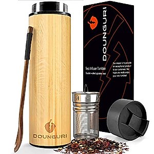 Dounguri Bamboo Thermos with Tea Infuser & Strainer 19oz capacity - Keeps Hot & Cold for 12 Hrs - Vacuum Insulated Stainless Steel Travel Tea Tumbler Infuser Bottle for Loose Leaf Tea & Coffee