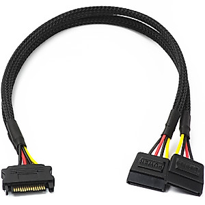 CRJ 15-Pin SATA Power Y Splitter Cable - 12-inch (30cm), Black Sleeved - 2 Way ATX 15-Pin SATA Power Splitter for Computer SSDs and HDDs
