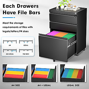 Pataku 3 Drawer Mobile File Cabinet with Lock, Under Desk Metal Filing Cabinet for Legal/Letter/A4 File, Fully Assembled Rolling File Cabinet Except Wheels, Black