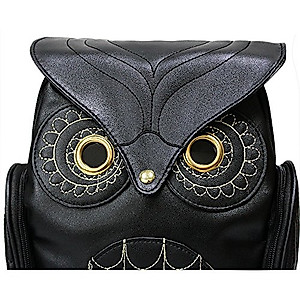 GinTai Women Pu Leather Owl Cartoon Backpacks Fashion Casual Satchel mini Small black Backpack, Black