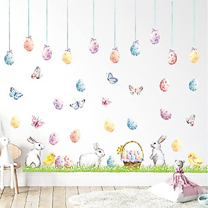 Happy Easter Wall Stickers Easter Egg Wall Decals Easter Bunny Wall Decals Peel and Stick Rabbit Wall Stickers Bunnies Colorful Butterfly Wall Stickers Removable Easter Window Stickers Decorations