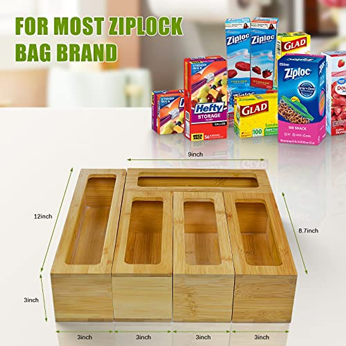 GIAKAN Ziplock Bag Storage Organizer for Drawer, 5 Pack Bamboo Food Baggy Storage Organizer Individual & Baggy Rack Holder for Gallon, Quart, Sandwich, Snack Bags