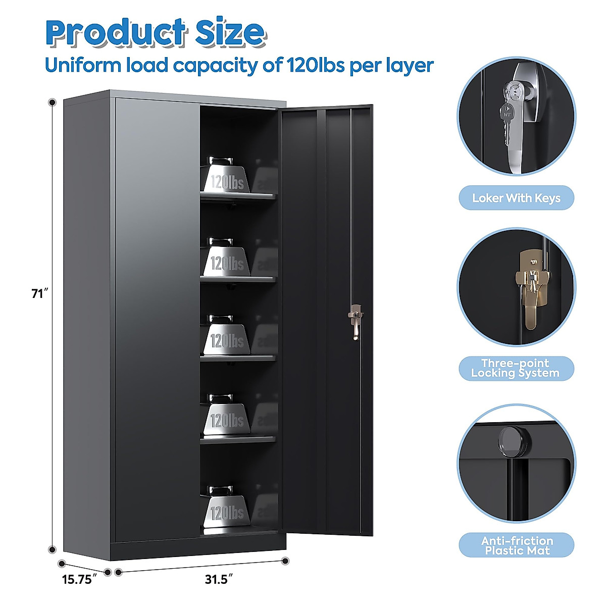 Metal Garage Cabinet,Storage Cabinet with 2 Doors and 4 Adjustable Shelves,71”Steel Lockable File Cabine,Tool Cabinets for Office,Home,Garage,Gym,School(Black) Assembly Required.