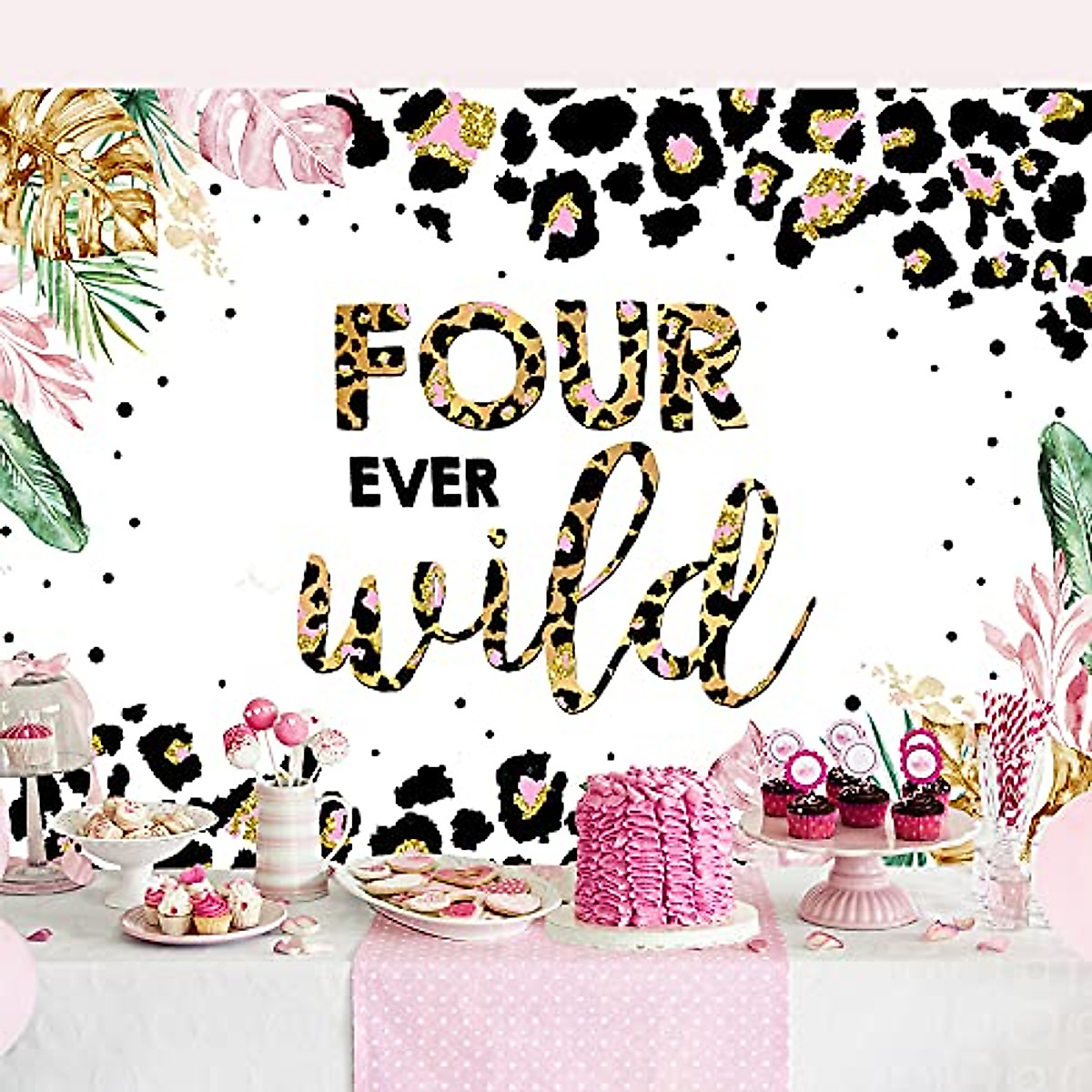 Lofaris Four Ever Wild Birthday Backdrop 4th Birthday Safari Jungle Leaves Photography Background Child Kids Birthday Party Decorations Girl Cake Table Banner Photo Booth Props 7x5ft
