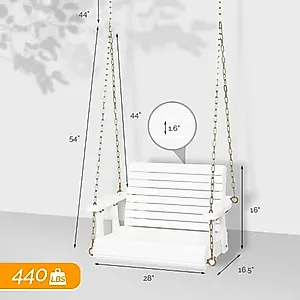 VINGLI Heavy Duty 440 LBS 1-Person Wooden Patio Porch Swing for Adults & Kids, Well-Finished Outdoor Single Swing Chair Bench with Adjustable Chains for Porch, Yard, Balcony, Tree (White)