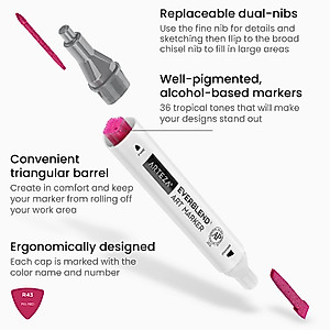 ARTEZA Alcohol Art Markers, Set of 36 Colors, Tropical Tones, Everblend Sketch Pens in Organizer Box, Dual Tips