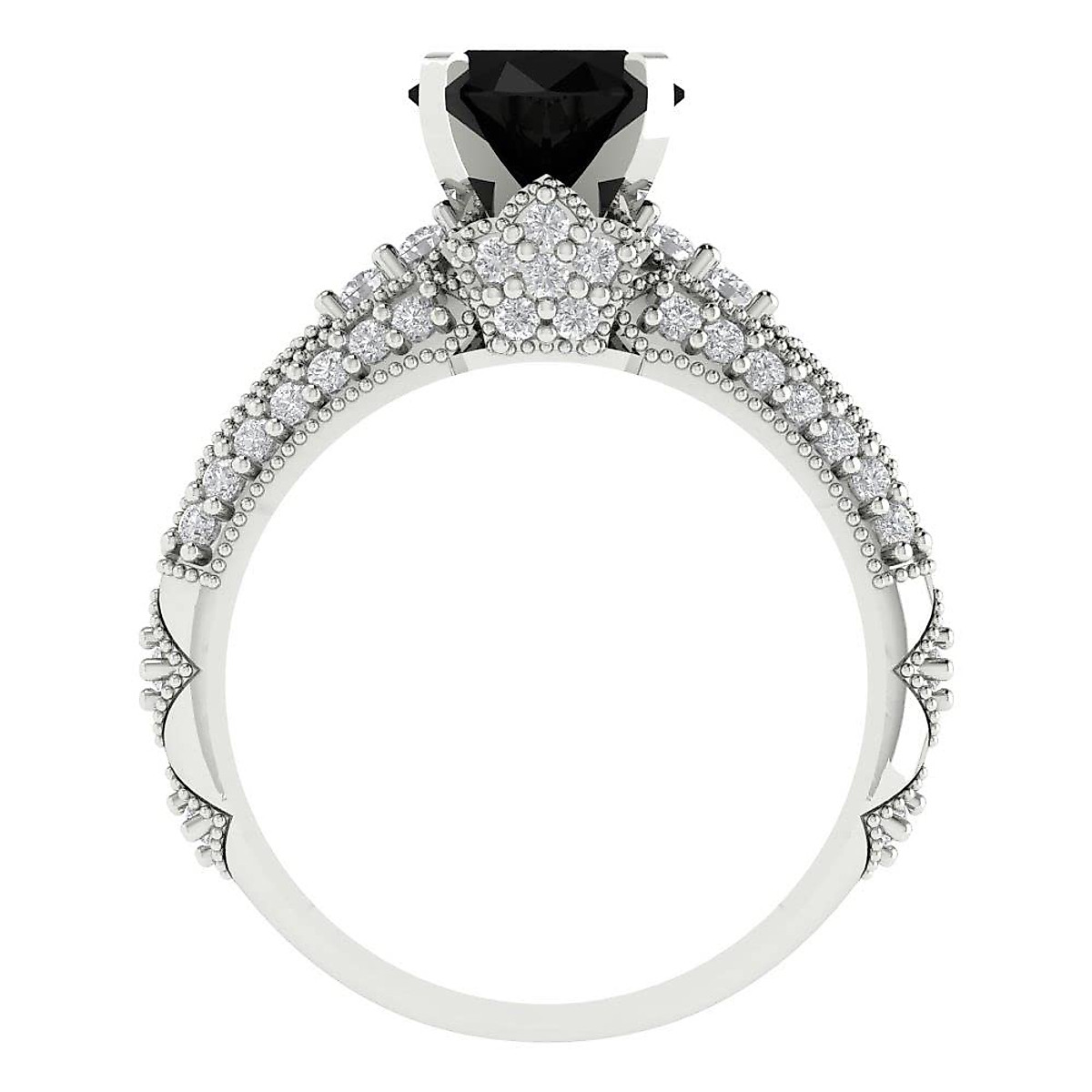 2.10ct Round Cut Laser Engraving Pave Natural Black Onyx Engagement Bridal Wedding Ring Band set Solid 18K White Gold Size 8