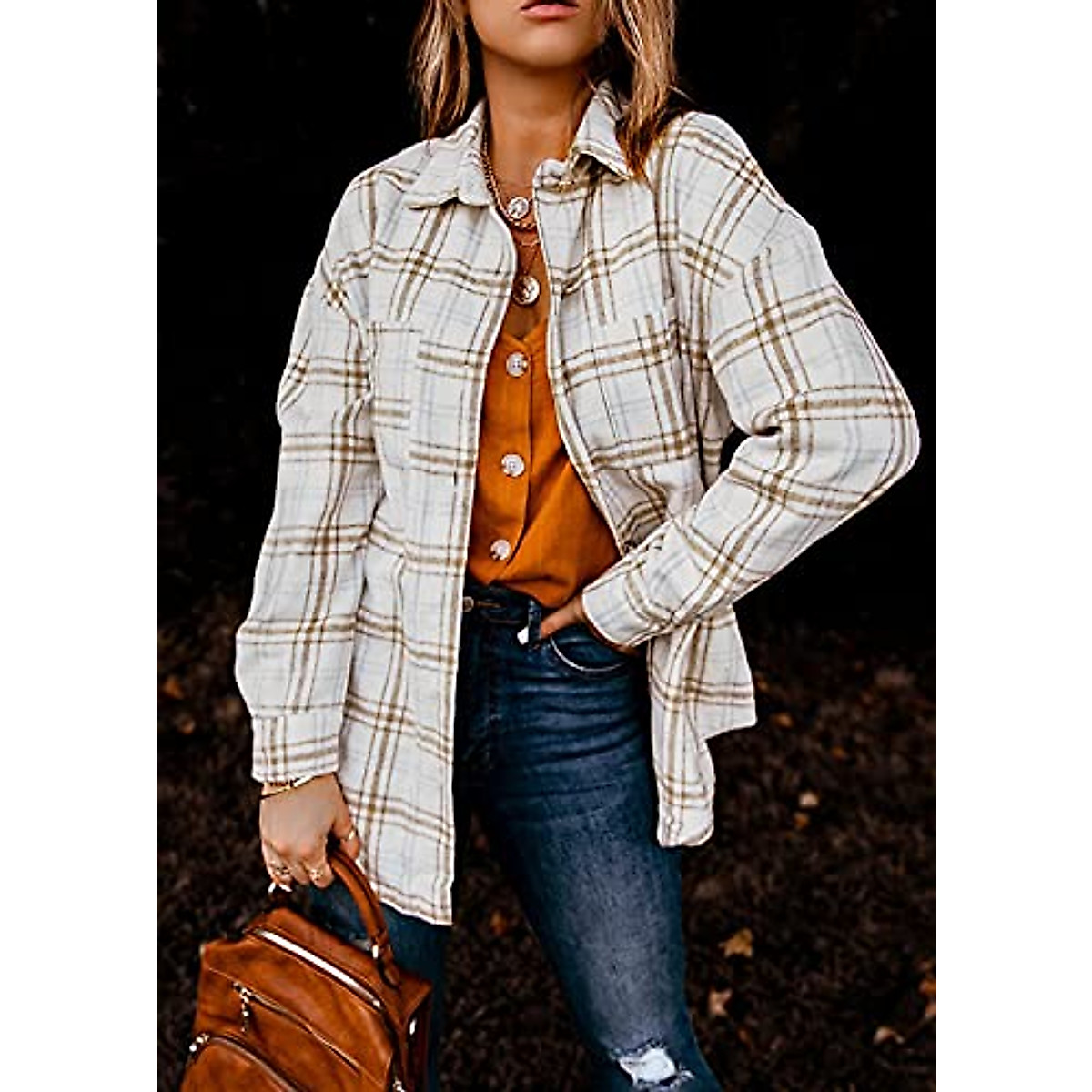 PRETTYGARDEN Women's 2023 Fall Clothes Plaid Shacket Jacket Long Sleeve Button Down Flannel Shirts Fashion Blouse(Plaid Khaki,Large)