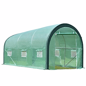 Aoodor 12 x 7 x 7ft. Portable Walk-in Tunnel Greenhouse, Large Heavy Duty Gardening Plant House with 2 Zippered Doors 6 Screen Windows for Backyard, Outdoor - Green