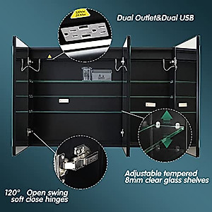 tunuo 48''W x 32''H Recessed or Surface Medicine Cabinets for Bathroom with Mirror, LED Medicine Cabinet Organizer with Crystal Sand Lighting Belts, Defogger, Dimmer, Clock, Outlets & USB, Black