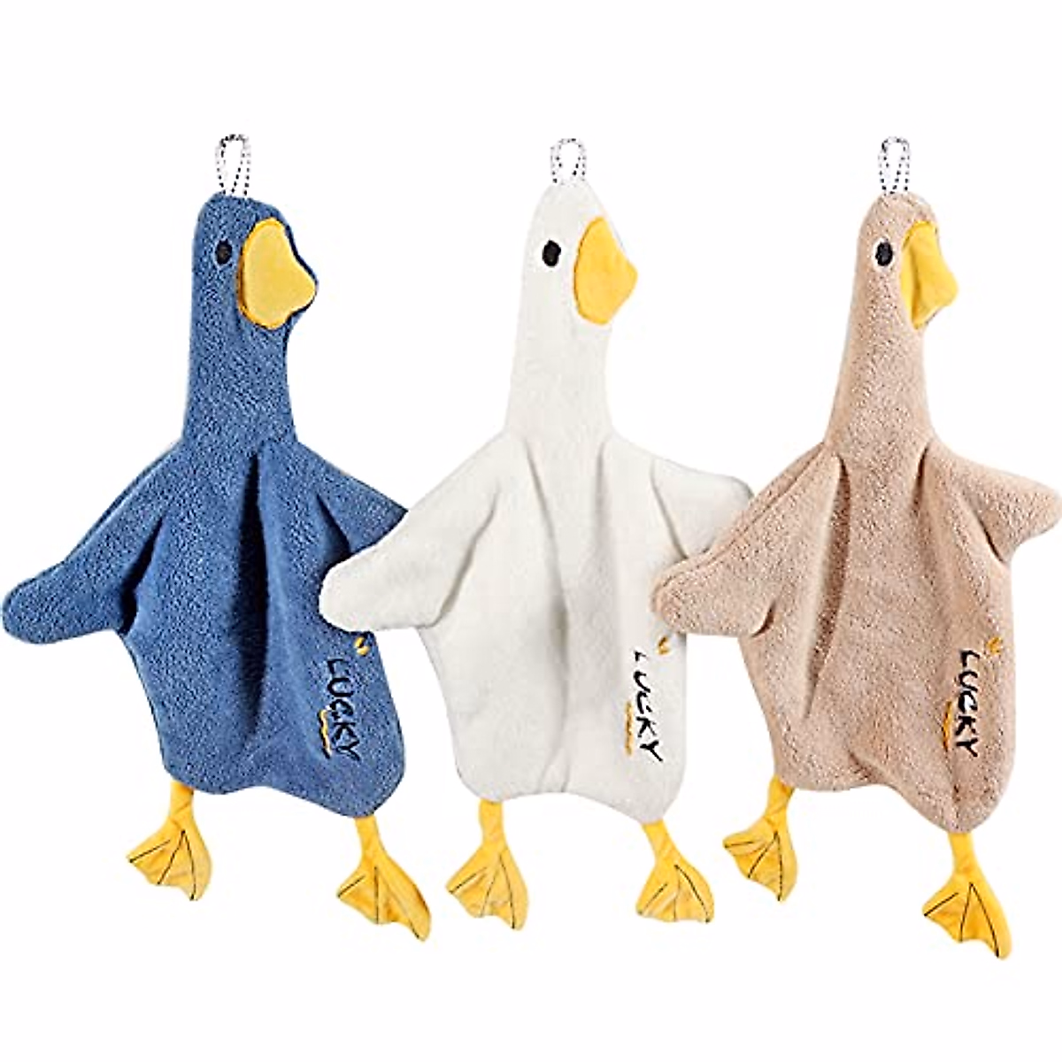 Pearlead 3Pcs Hanging Hand Towels with Hanging Loop Absorbent Coral Fleece Hand Towels for Kitchen Cute Goose Thick Kitchen Cloth Dish Towels Hand Dry Towels for Bathroom Khaki White Blue