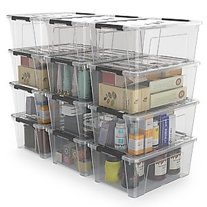 WYT 12 Pack Small 5-Quart Clear Plastic Storage Bins with Lids and Latch Buckles, Storage Organizer Container with Handle