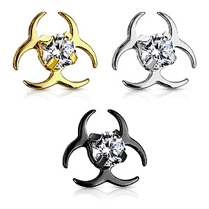Covet Jewelry Clear CZ Centered Biohazard Symbol Internally Threaded 316L Surgical Steel Dermal Top (Black/Clear)