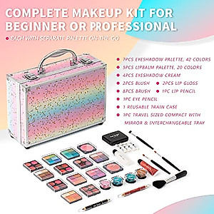 Hot Sugar Makeup Kit for Teenager Girls - Full Starter Cosmetics Set with Eye Shadow Lip Balm Blush Lip Gloss Brush Lip Pencil Eye Pencil and Mirror (Rainbow)
