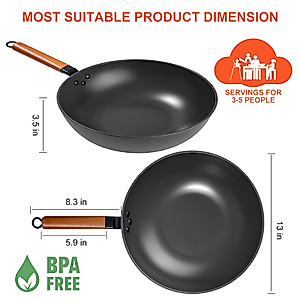 Wok Pan with Lid - 13" Nonstick Wok, Carbon Steel Woks & Stir-Fry Pans with Cookwares, Flat Bottom Chinese wok for Electric, Induction and Gas Stoves