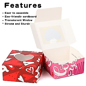 VEYLIN 24PCS Valentine Boxes for Treats, 4”x4”x2.4” Valentines Day Cookie Boxes Cupcake Bakery Boxes with Windows Heart Boxes for Strawberries 6 Designs