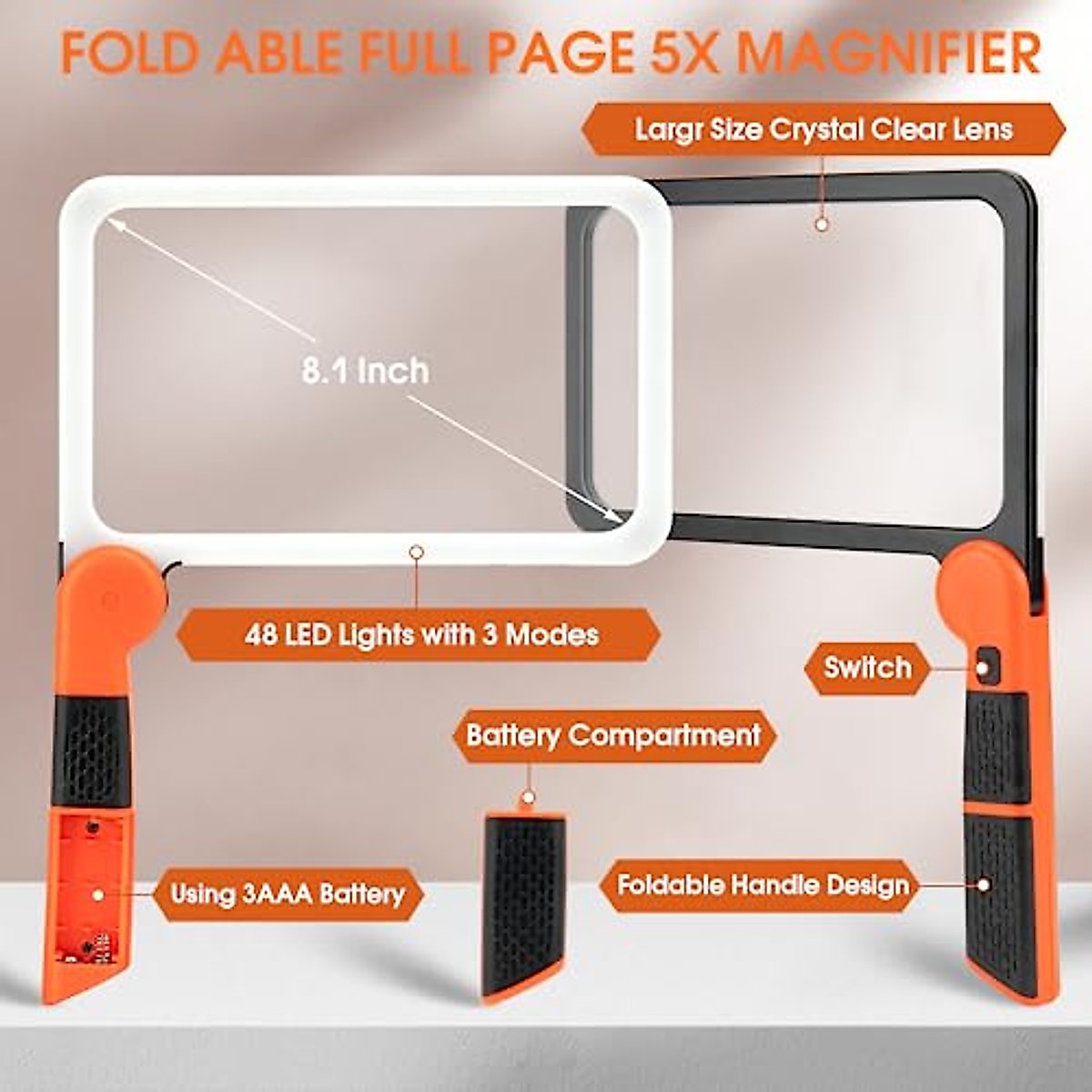 Large Magnifying Glass with Light, Full Page 5X Magnifier 48LED Cold & Warm Light with 3 Modes, Folding Handheld Illuminated Lighted Magnifier for Seniors Low Vision Reading Inspection (Full Page)