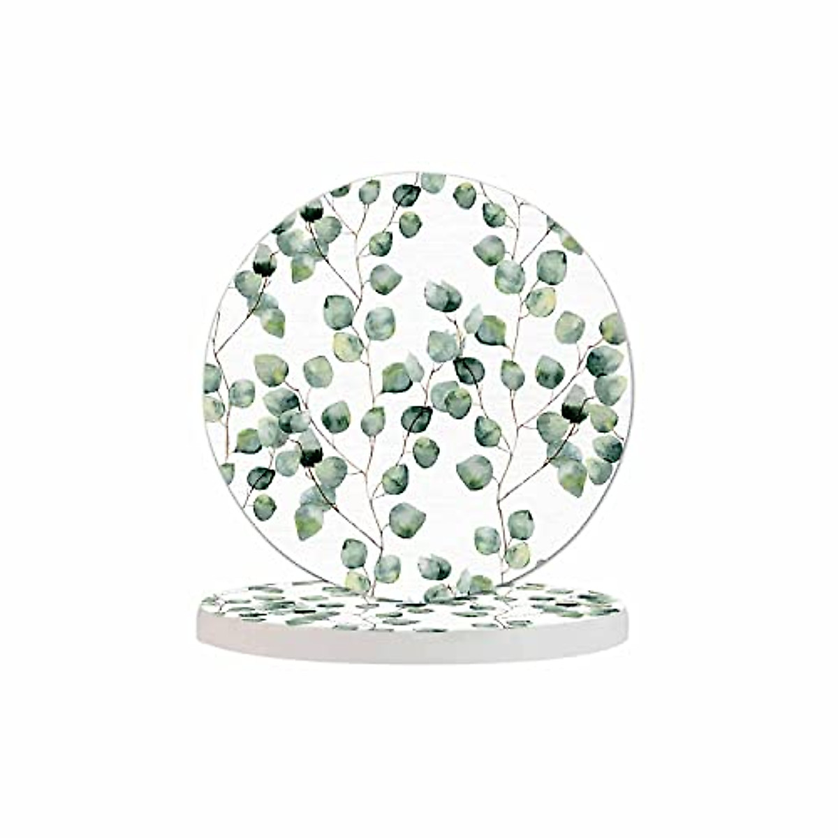 Pznen Eucalyptus Round Leaf Coasters Set for Wood Table Green Branches and Leaves Twig Natural Plant Foliage Tabletop Protection Mat for Mugs and Cups 4 Inch for Kitchen Office Home