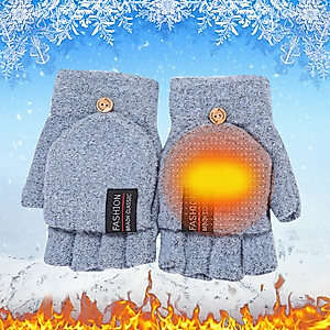 Knitted Warm Convertible Flip Mittens Top Fingerless Men Winter Gloves Men Gloves Womens Ski Mittens (Light Blue, A)