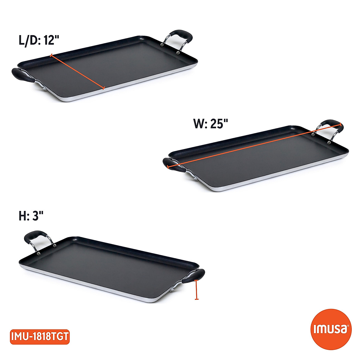 IMUSA USA, Black IMU-1818TGT Soft Touch Double Burner/Griddle, 20" X 12"