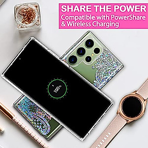 Coolwee Clear Glitter for Galaxy S23 Ultra - 6.8 inch, Thin Flower Slim Cute Crystal Lace Bling Women Girl Floral Hard Back Soft TPU Bumper Protective Cover for Samsung S23 Ultra Mandala Henna