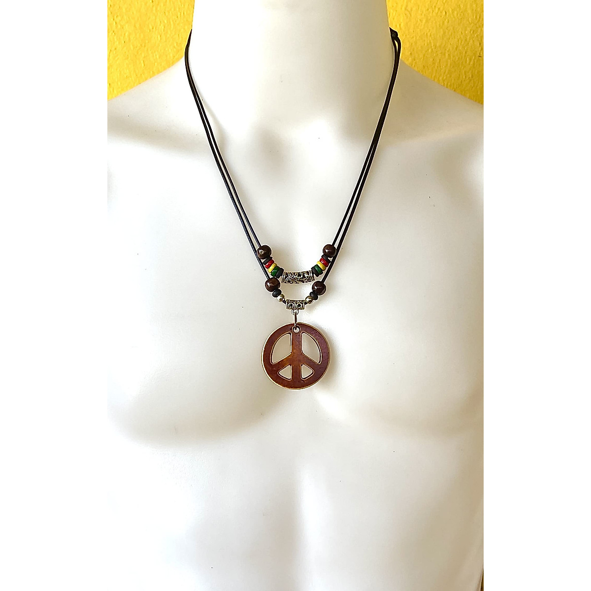 LAVIP Leather Peace Sign Pendant Double Layers Peace Symbol Brown Pendant Necklace Coconut wood Beads