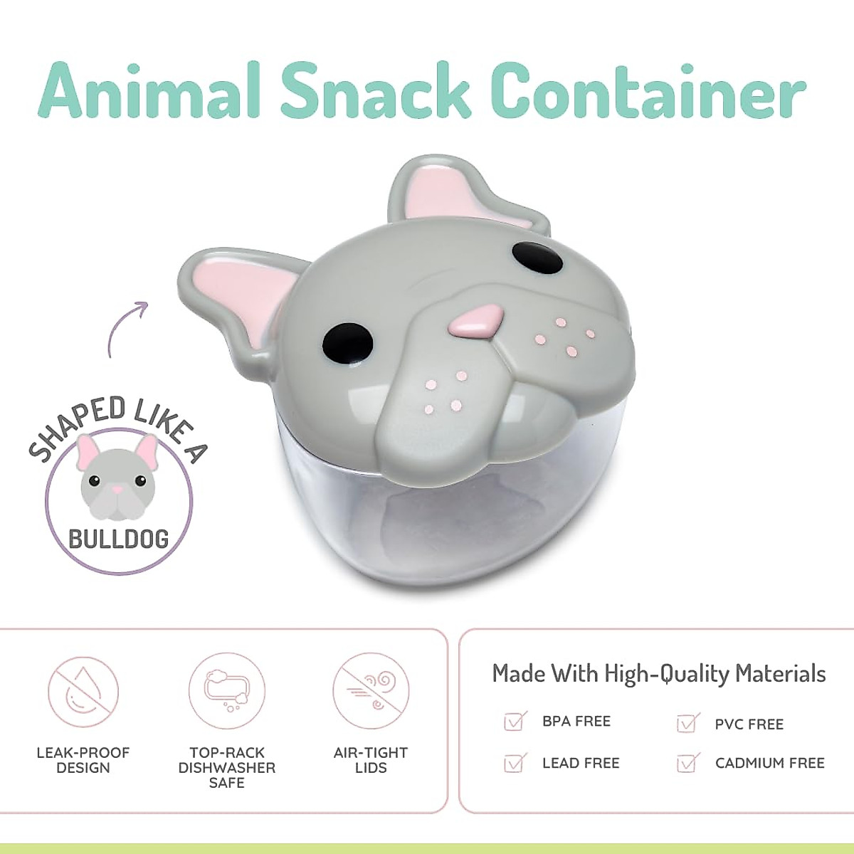 melii Animal Snack Containers with lids - Food Storage for Toddlers and Kids - Bulldog